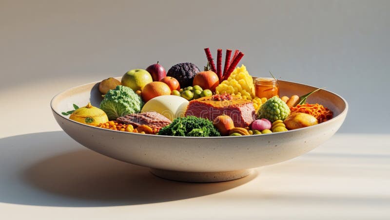 A Large Bowl of Food with Many Different Types of Food and Sauces ...