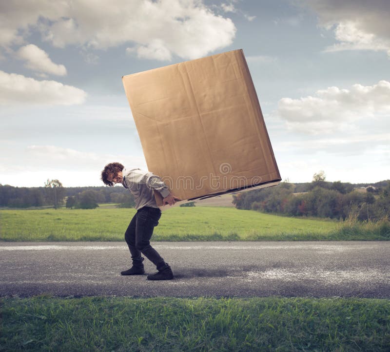 Stressed Woman Carrying on Her Back Large Box Stock Image - Image of ...