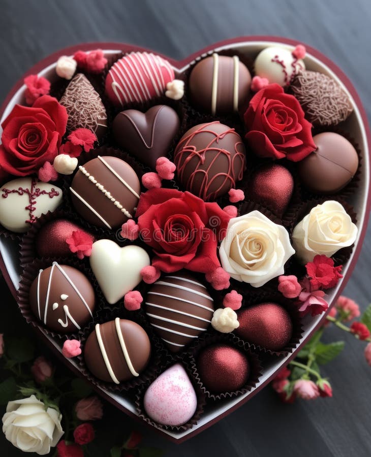 A Large Box Containing Chocolates Including Several Hearts Stock Image ...