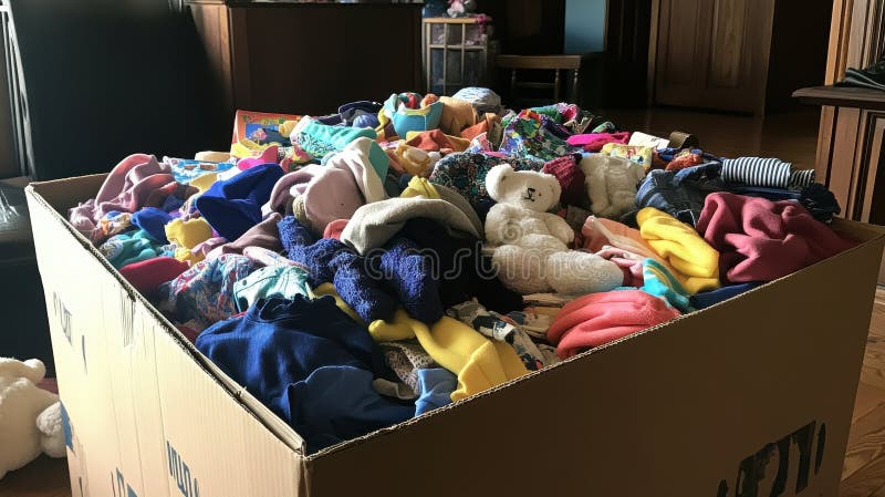 A Large Box Overflowing with Assorted Clothing and Stuffed Toys Stock ...