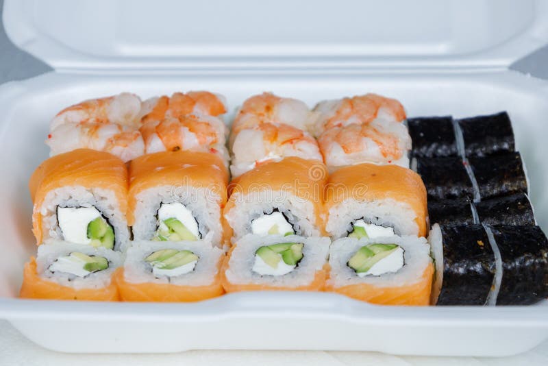Large Box of Philadelphia Rolls. Fast Delivery Sushi in a White ...