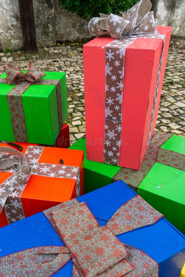 Large Boxes of Presents with Bows Close Up in Vibrant Colors Stock ...