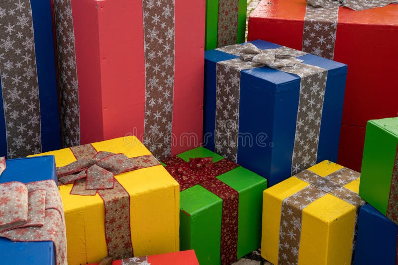 Large Boxes of Presents with Bows Close Up in Vibrant Colors Stock ...