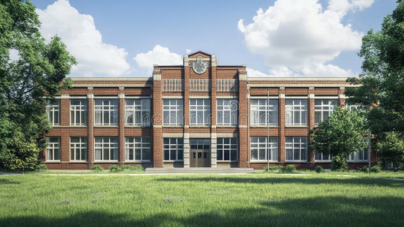 A Large Brick Building with a Clock on the Front Stock Illustration ...