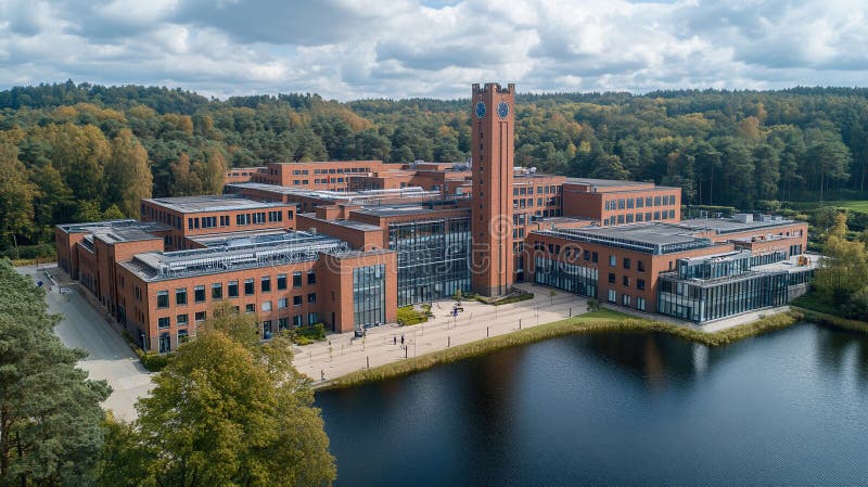 Large Brick Building Complex by a Lake, Surrounded by Trees Stock ...