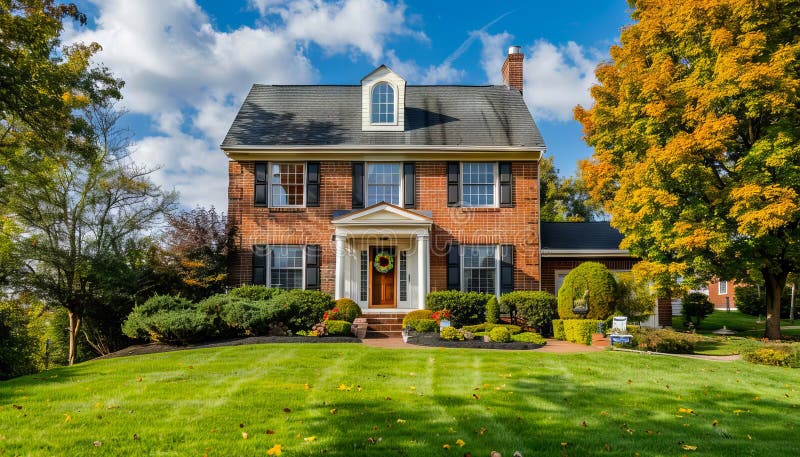 A Large Brick Home with Green Grass and Trees Stock Photo - Image of ...