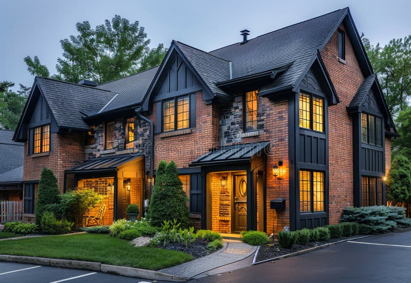 Large Brick House with Dark Roof and Large Front Door Stock Image ...