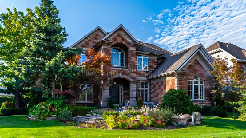 A Large Brick House with a Large Front Yard Stock Photo - Image of home ...