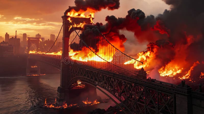 A Large Bridge on Fire with a City in the Background Stock Footage ...