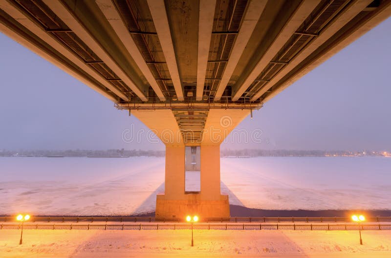 Large Bridge Over the Frozen River. Stock Photo - Image of architecture ...