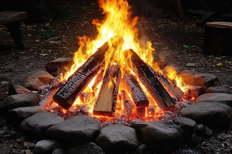 Fiery Campfire Burning Brightly in Stone Ring at Night Stock ...