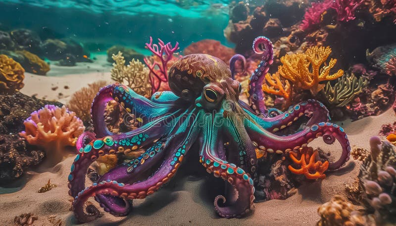 A Large, Bright, Colorful Octopus Lies on the Sand among the Corals in ...