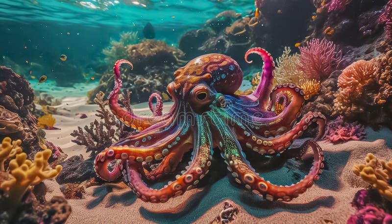 A Large, Bright, Colorful Octopus Lies on the Sand among the Corals in ...