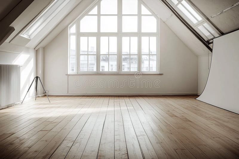 A Large, Bright, Empty Room with Wooden Floor, Big Window, and Sloped ...