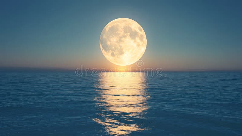 A Large Bright Full Moon Slowly Rising Over a Still Sea Stock ...