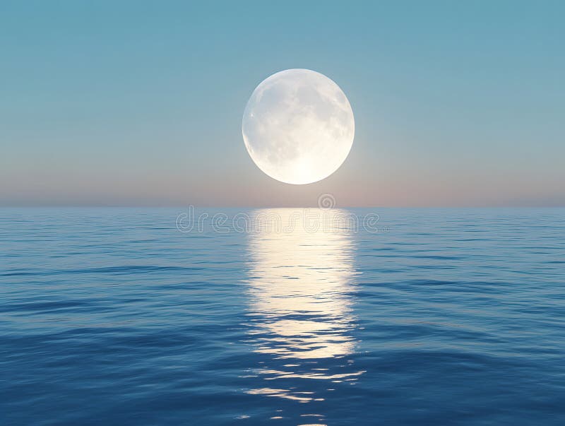 A Large Bright Full Moon Slowly Rising Over a Still Sea Stock Illustration - Illustration of ...