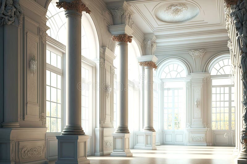 Large Bright Hall in Baroque Interior with Columns and Large Windows ...
