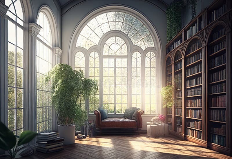 Large Bright Library with Panoramic Windows. AI Generated Stock ...