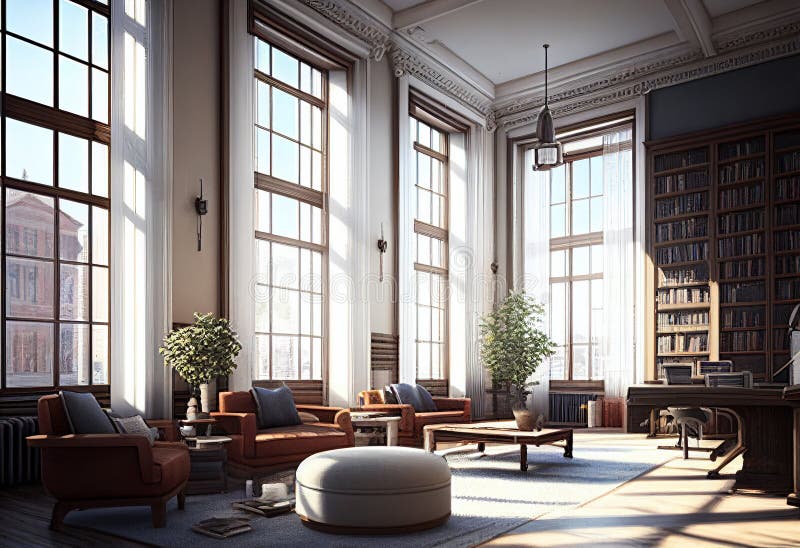 Large Bright Library with Panoramic Windows. AI Generated Stock ...