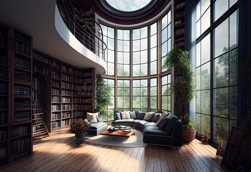Large Bright Library with Panoramic Windows. AI Generated Stock ...