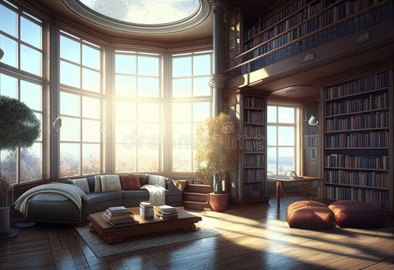 Large Bright Library with Panoramic Windows. AI Generated Stock ...