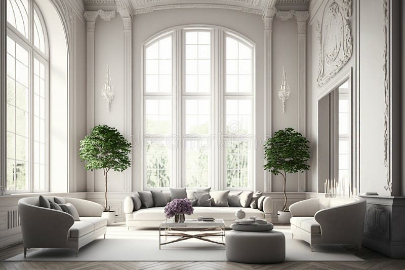 Large, Bright, Luxurious Living Room with Large Windows, 3D Rendering ...