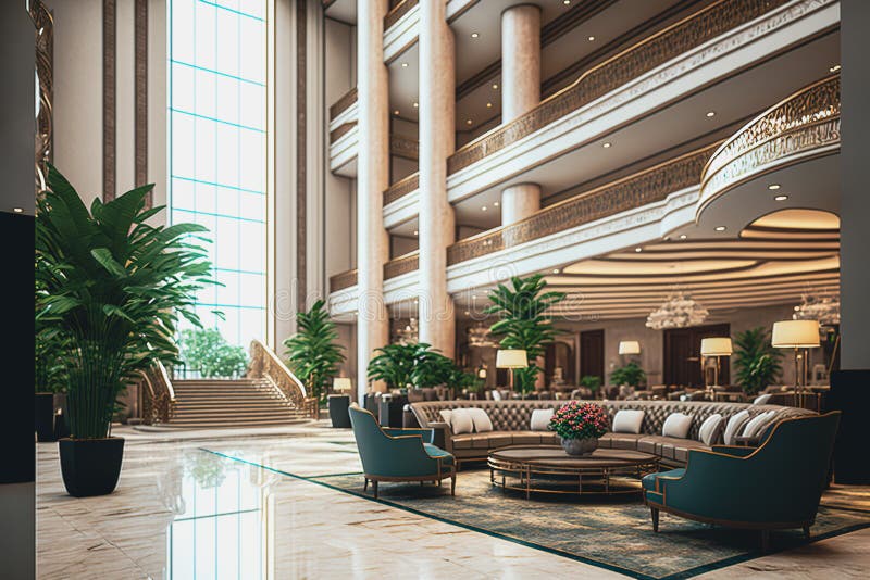 Large Bright Modern Hotel Lobby, Generative AI Stock Illustration ...