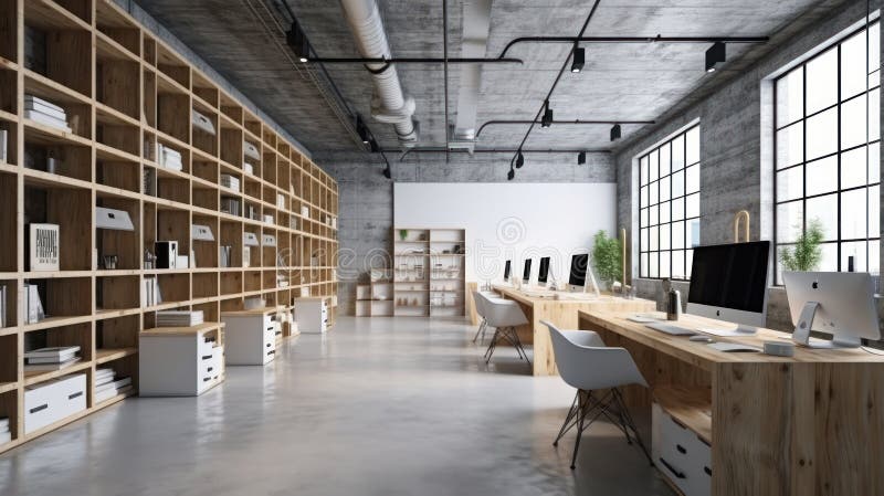 Large Bright Office with Concrete Walls, Large Computers, Wooden Tables ...