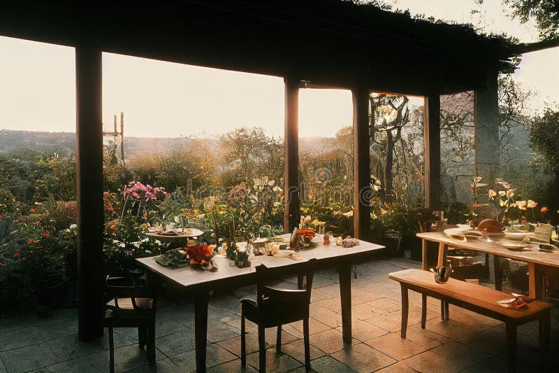 Large Bright Open Veranda in Backyard Cozy House Exterior. Stock ...