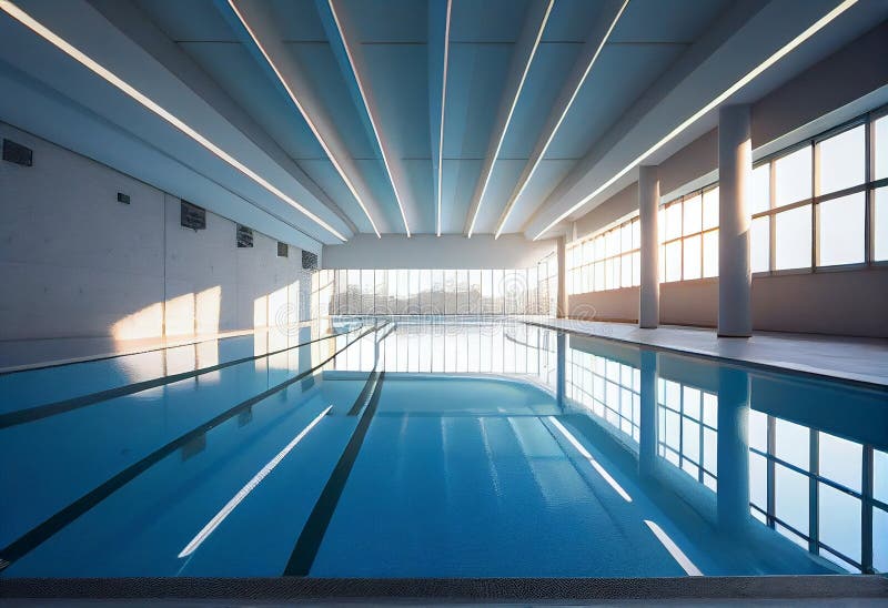 Large Bright Pool with Long Walkways and Panoramic Windows. AI ...