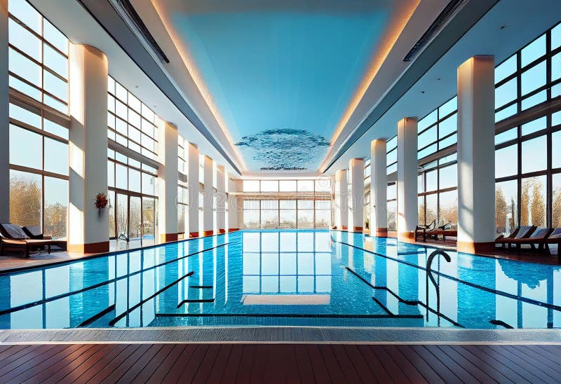 Large Bright Pool with Long Walkways and Panoramic Windows. AI ...