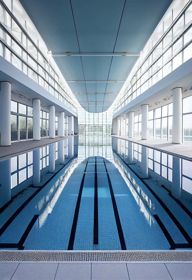 Large Bright Pool with Long Walkways and Panoramic Windows. AI ...