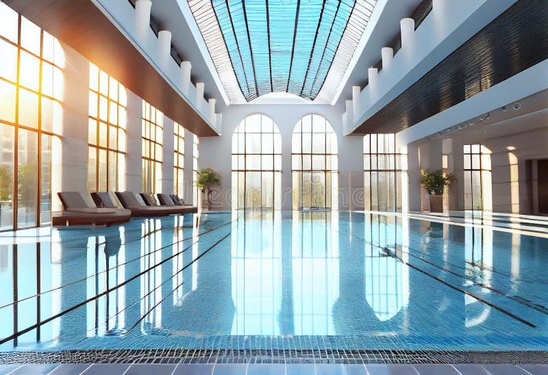 Large Bright Pool with Long Walkways and Panoramic Windows. AI ...