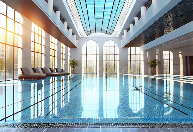 Large Bright Pool with Long Walkways and Panoramic Windows. AI ...