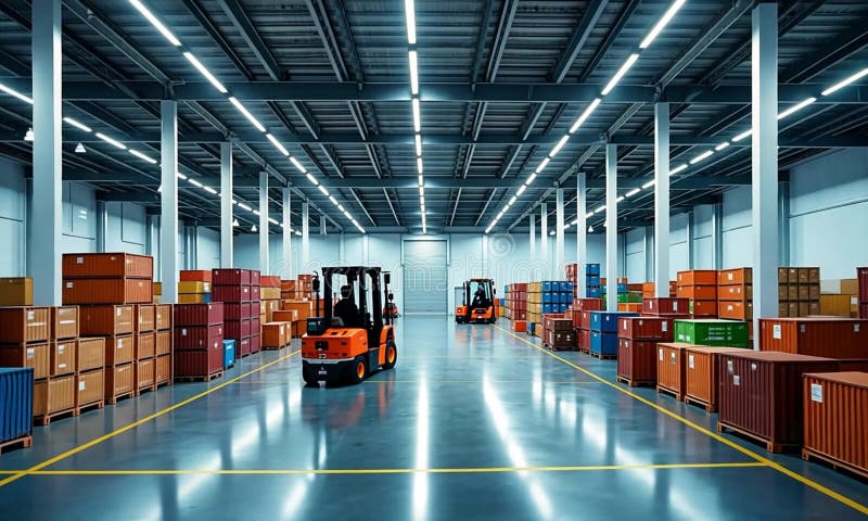 Modern Spacious Warehouse Interior with Forklifts and Cargo Containers ...