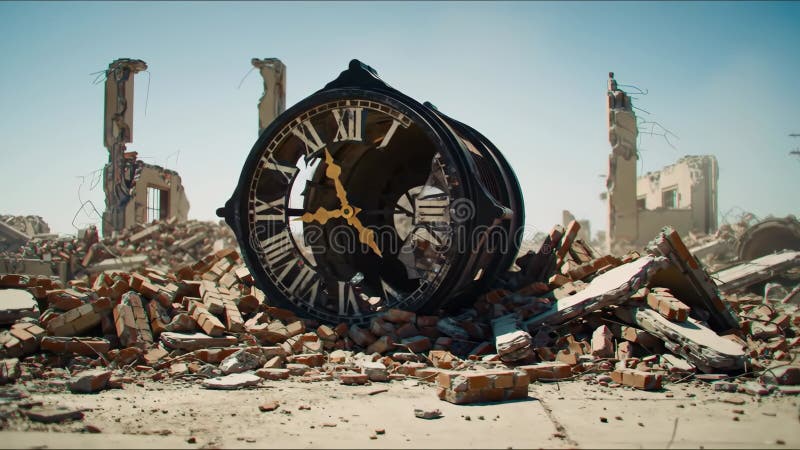 A Large, Broken Clock Amidst Rubble, Symbolizing the Passage of Time in ...