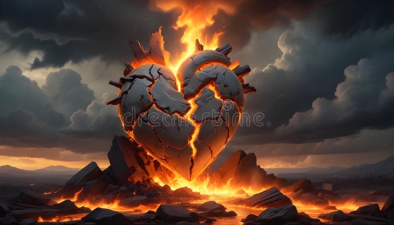 A Large, Broken Stone Heart Engulfed in Flames. this Dramatic Image ...