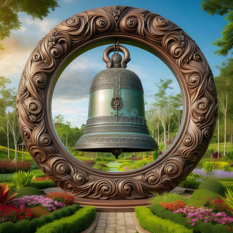 Large Ornate Bell Hanging in Circular Frame in a Beautiful Garden Stock ...