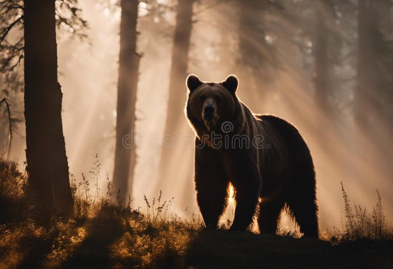 Large Brown Bear Ambles through the Deep Forest, AI-generated. Stock ...