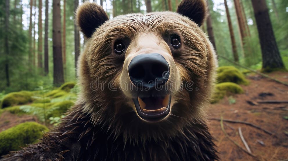 Large Brown Bear Looking at Viewer through Camera in Forest. Stock ...