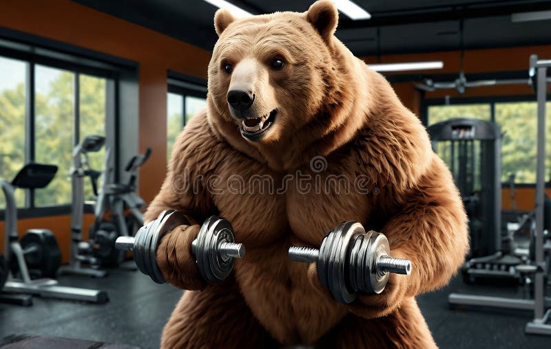 A Large Brown Bear Performs a Bicep Curl Exercise with Dumbbells in a ...