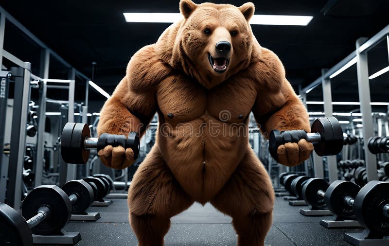 A Muscular Brown Bear Lifting Dumbbells in a Gym Stock Illustration ...