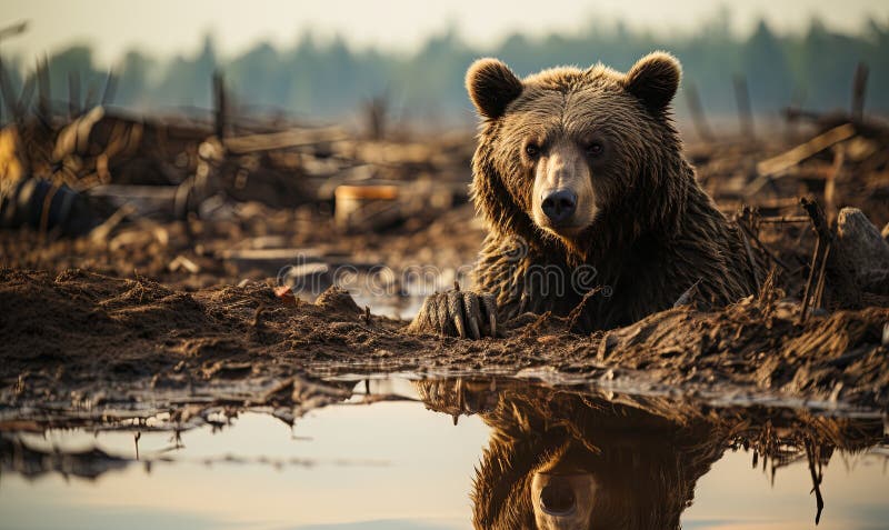 Large Brown Bear Sitting in Muddy Field Stock Photo - Image of brown ...