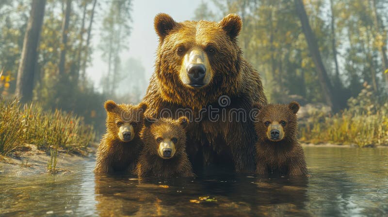 A Large Brown Bear with Three Cubs Sitting on a Small Grassy Island in ...