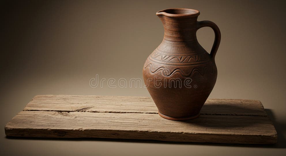 A Large, Brown Ceramic Jug with a Handle Sits on a Rustic Wooden Plank ...