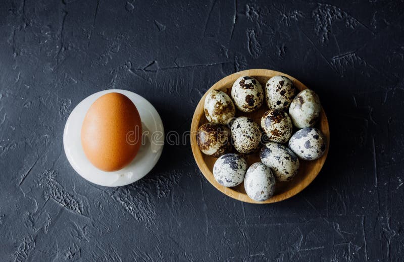 Large Brown Chicken Egg and Small Spotted Quail Eggs on a Dark Table ...