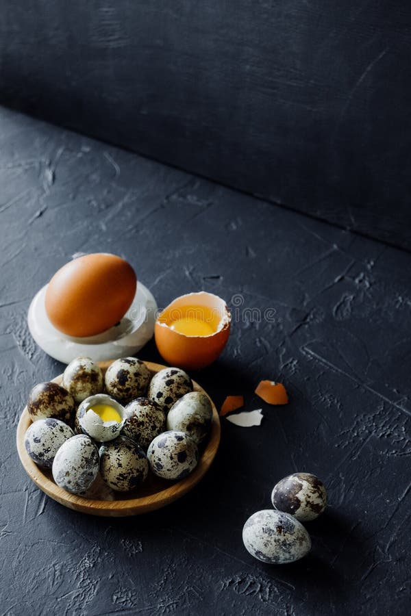 Large Brown Chicken Egg and Small Spotted Quail Eggs Whole and Broken ...