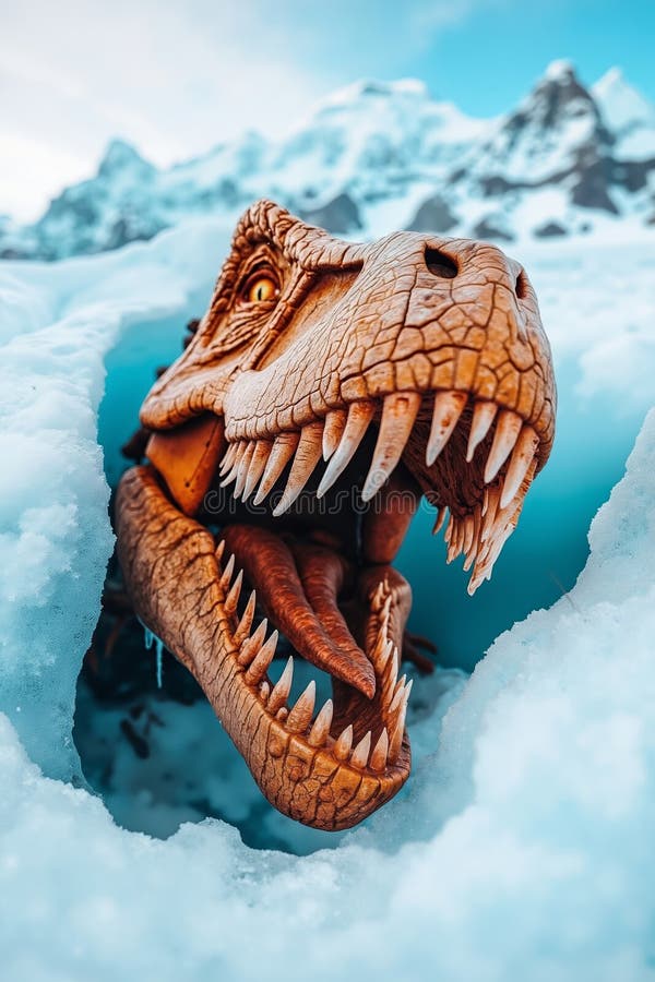 A Close Up of a T-rex Head in the Snow with Mountains in the Background ...