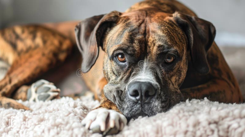 Large Brown Dog Relaxing on a White Rug Stock Image - Image of animal ...