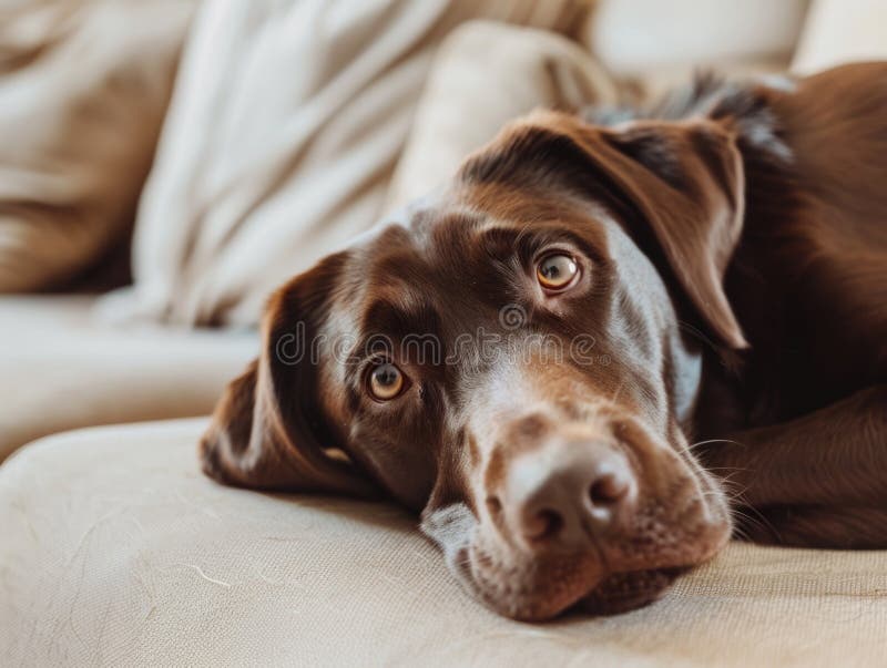 A Large Brown Dog Relaxing on a Couch Stock Image - Image of cozy ...